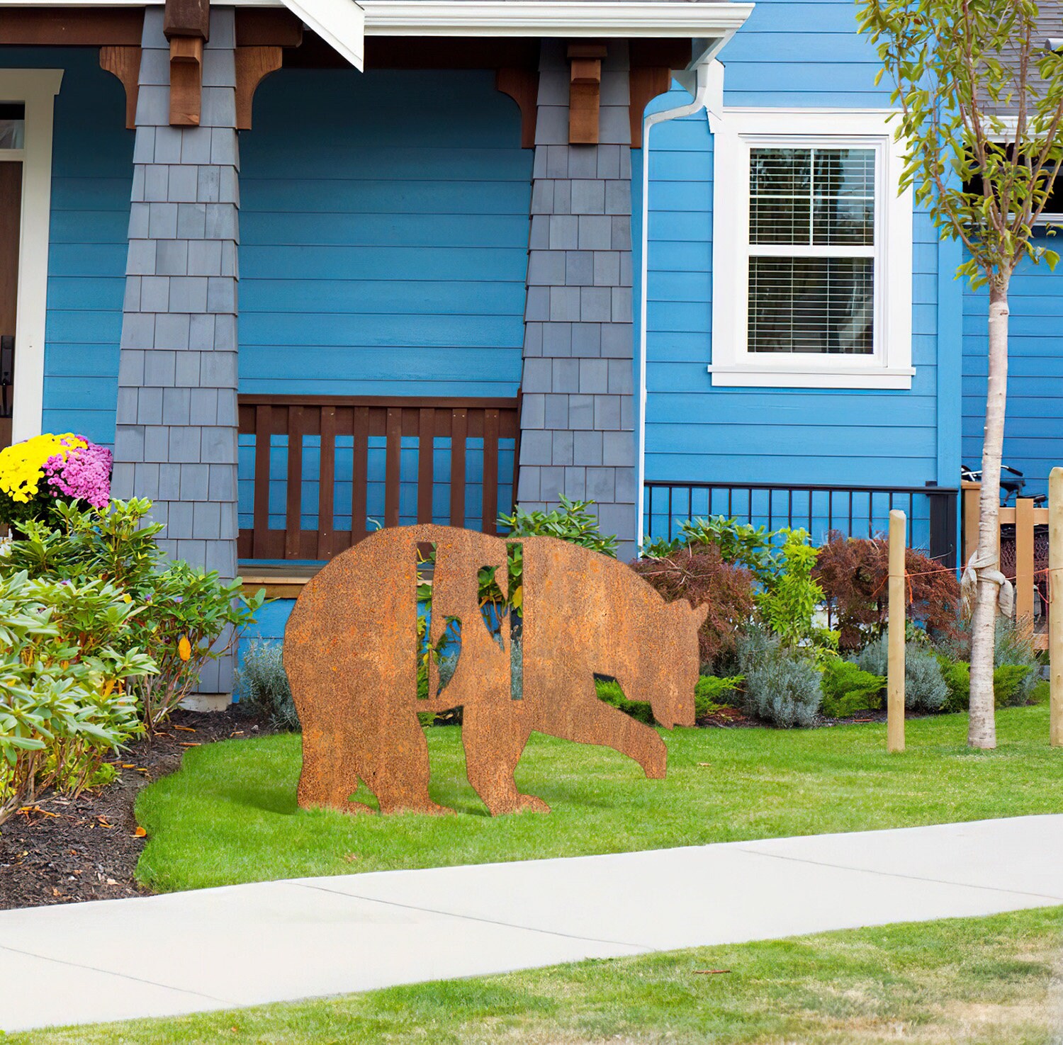 Multi Color Bear Stake, Bear Garden Art, Outdoor Garden Decor, Rusty ...