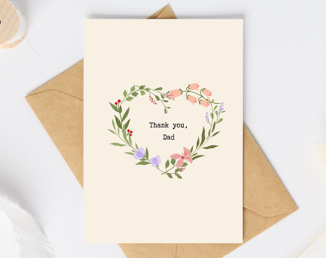 Cute THANK YOU DAD Card, Downloadable Post Card Template, Heart Shaped ...