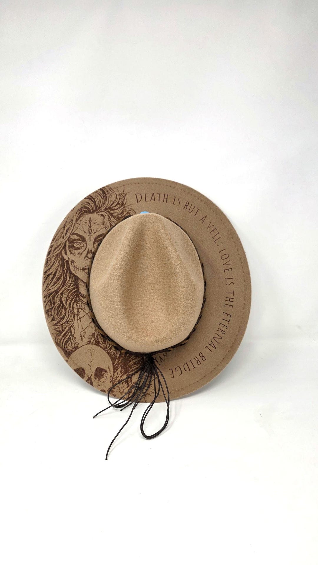 Tan / Brown Engraved Fedora - Sugarskull – Festival Boho Gothic Western ...