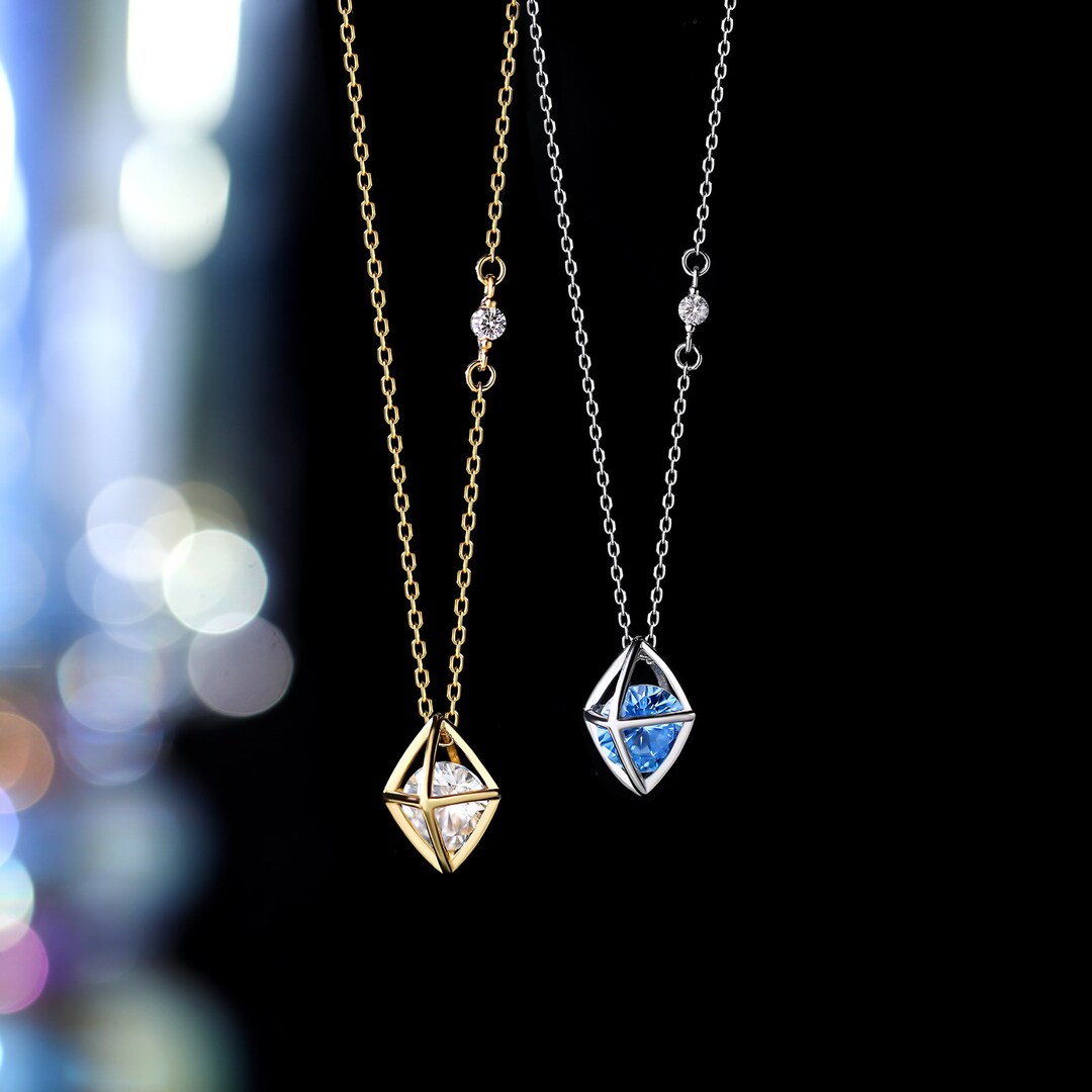 Octahedron Prism Necklace, Sterling Silver Unique Necklace, Blue White ...
