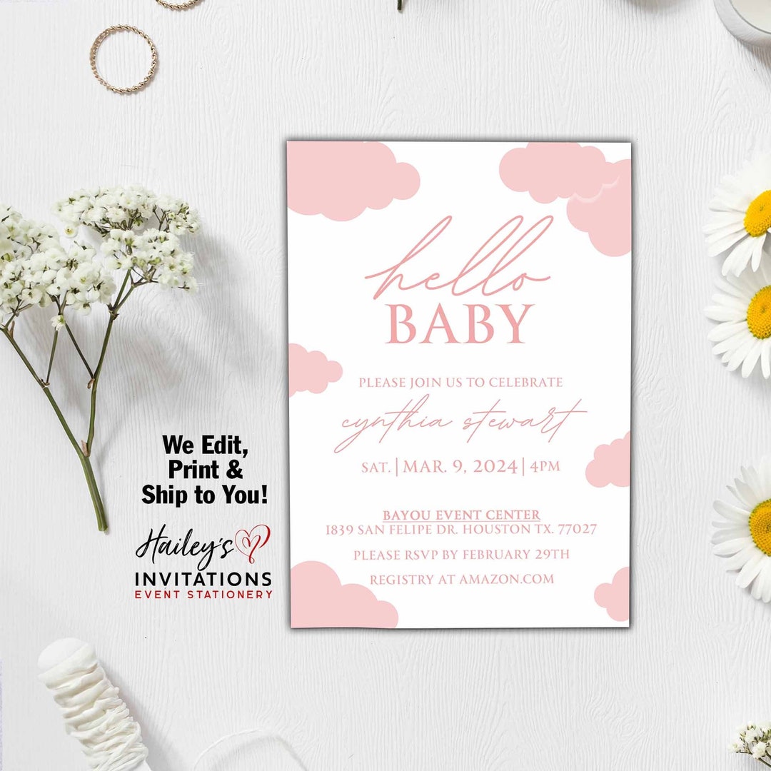 Hello Baby Shower Invitation White Pink Baby Shower Baby Sprinkle ...