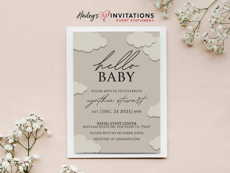 Hello Baby Shower Invitation Beige Brown Baby Shower Baby Sprinkle ...