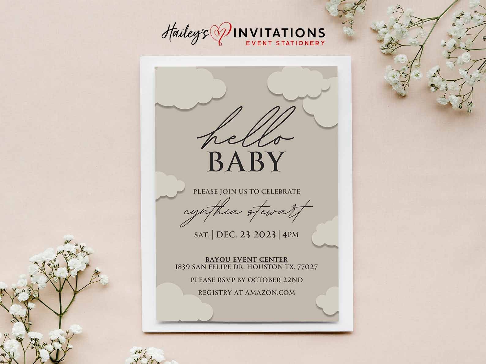Hello Baby Shower Invitation Beige Brown Baby Shower Baby Sprinkle ...