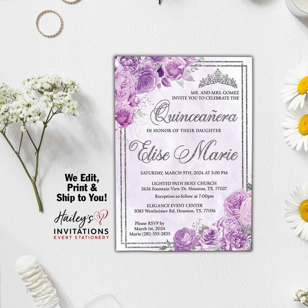 Silver and Purple Quince Invitations Sweet Sixteen Gray Quinceañera ...