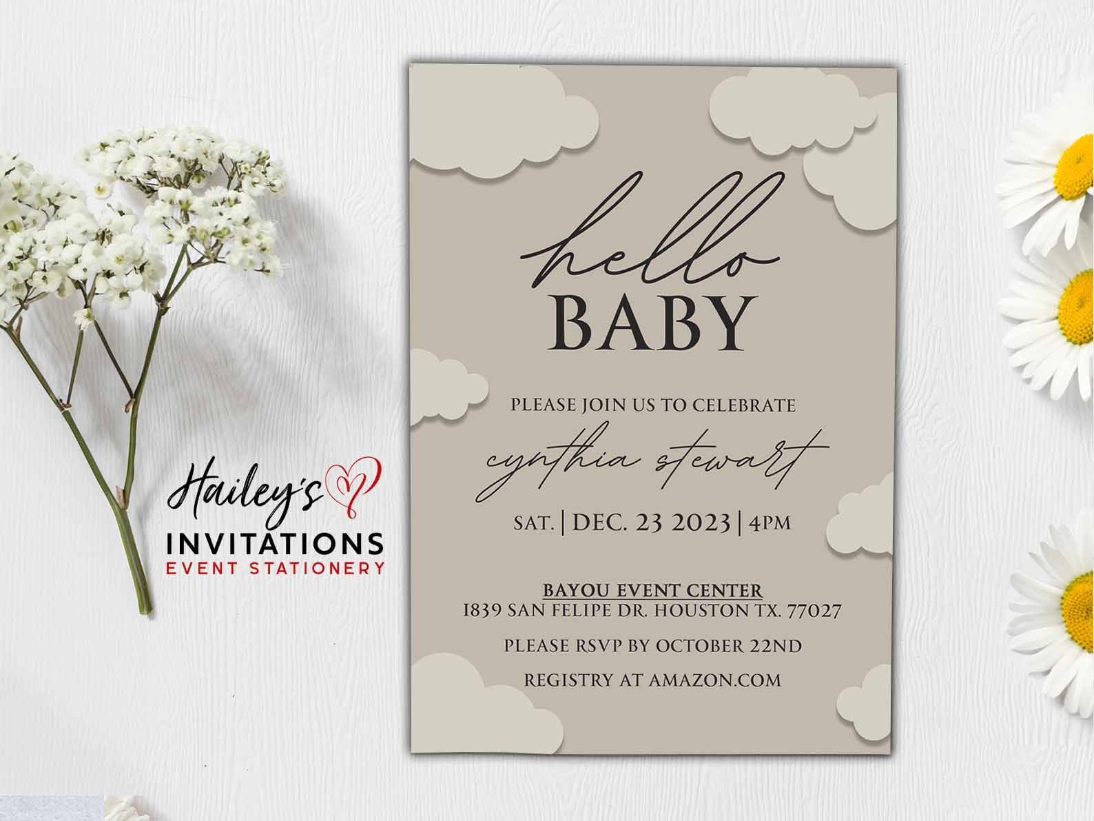 Hello Baby Shower Invitation Beige Brown Baby Shower Baby Sprinkle ...