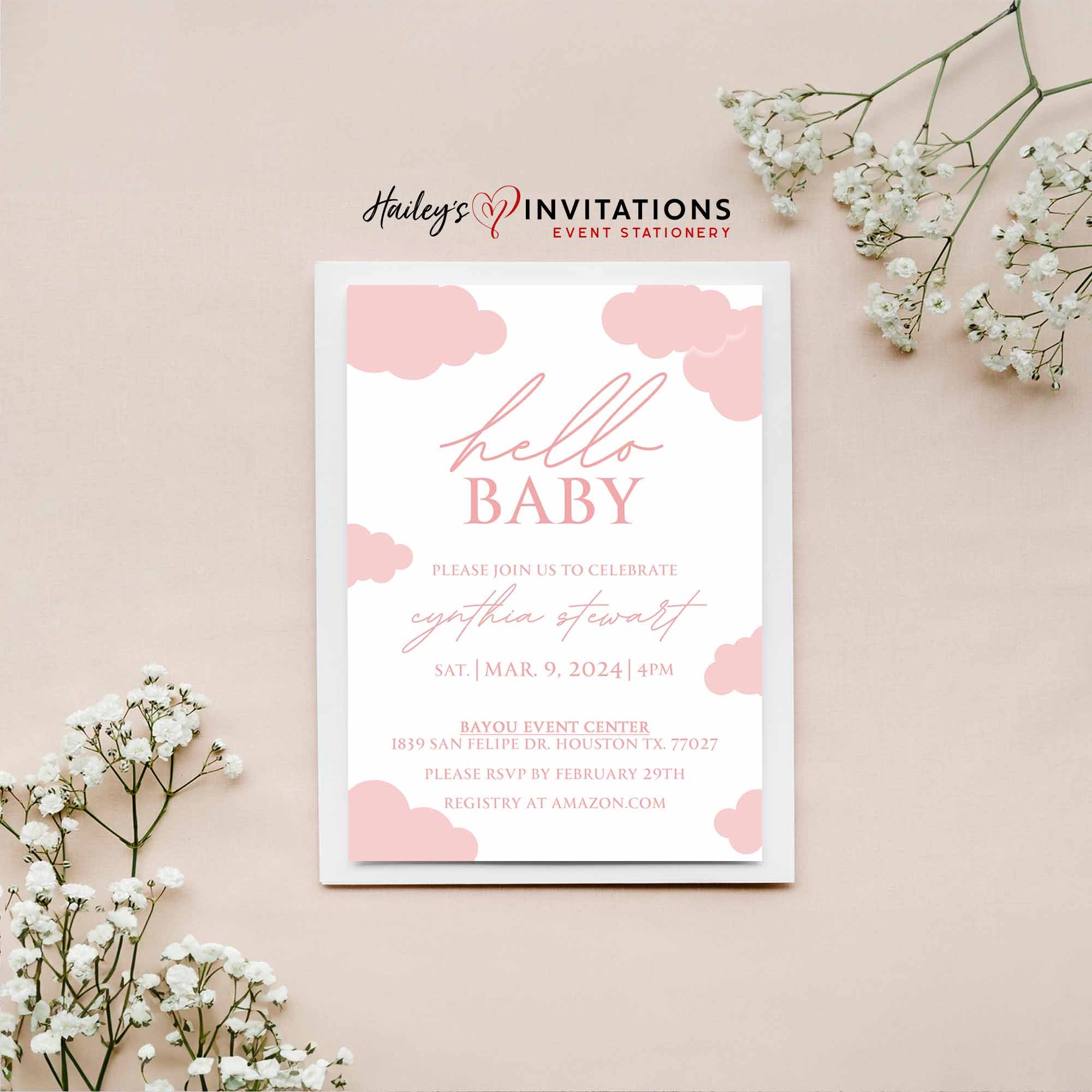 Hello Baby Shower Invitation White Pink Baby Shower Baby Sprinkle ...