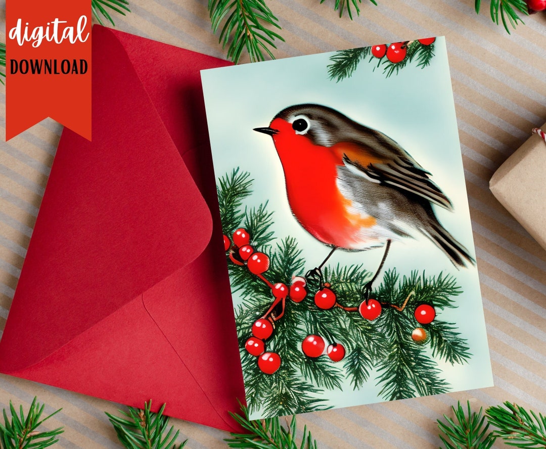 Printable Cute Robin Christmas Cards 5x7 Inches Watercolor - Etsy