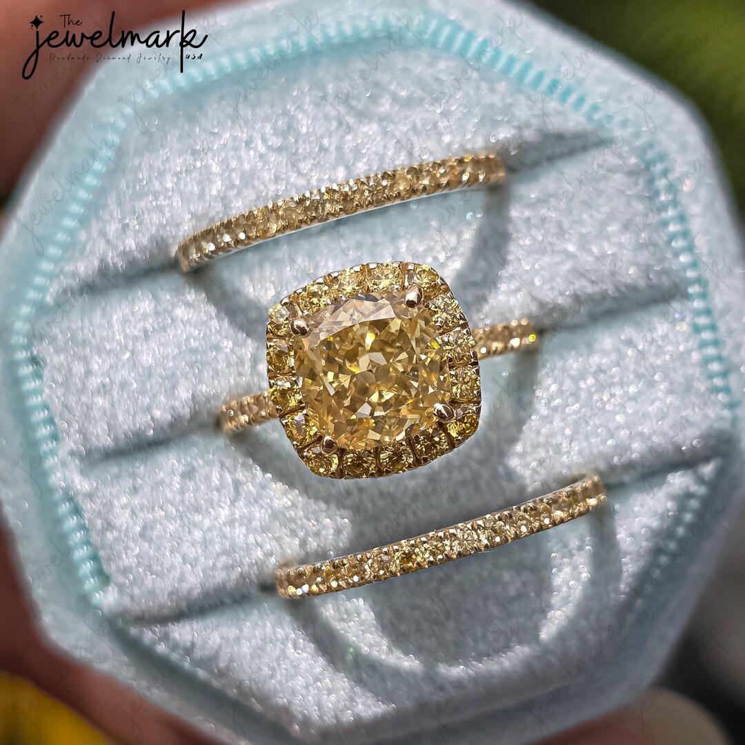 Elongated Cushion Ring Set Canary Yellow Cushion Halo Engagement Sets ...