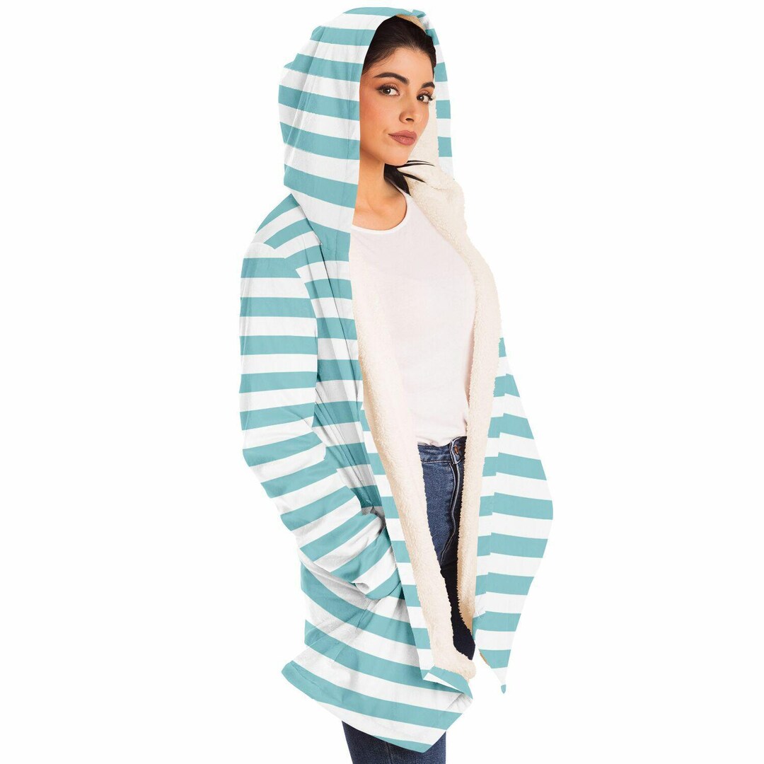 Blue Coastal Stripe Microfleece Cloak, Beachy Vibes Hooded Wrap, Ocean ...