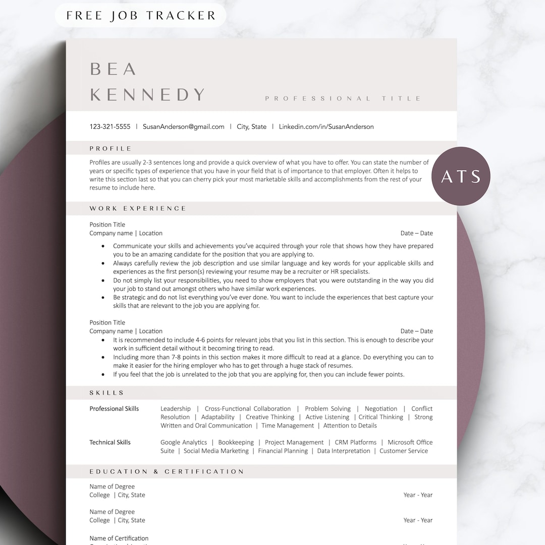 Feminine Resume Template Google Docs Resume Word ATS Optimized Modern ...