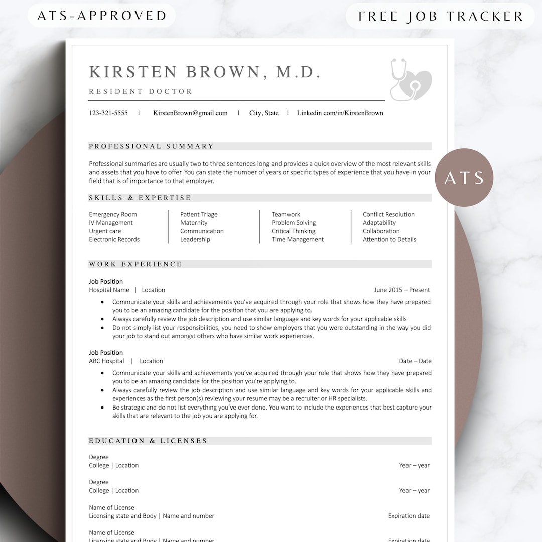 Doctor Resume Template Word 2 Page ATS Friendly Medical CV Template ...