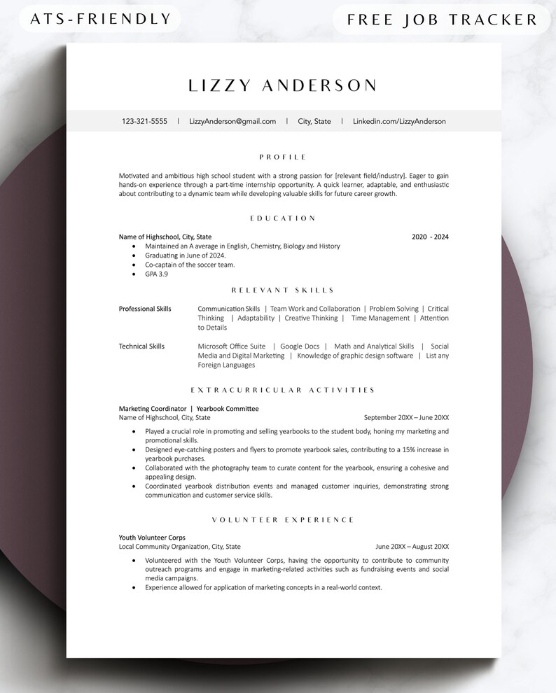 High School Student Resume Template College Entry Level - Etsy