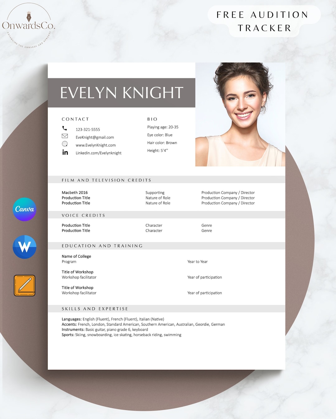 Resume for Actors Auditions CV Template MS Word Acting Same Size Headshots Mac Pages Editable ...