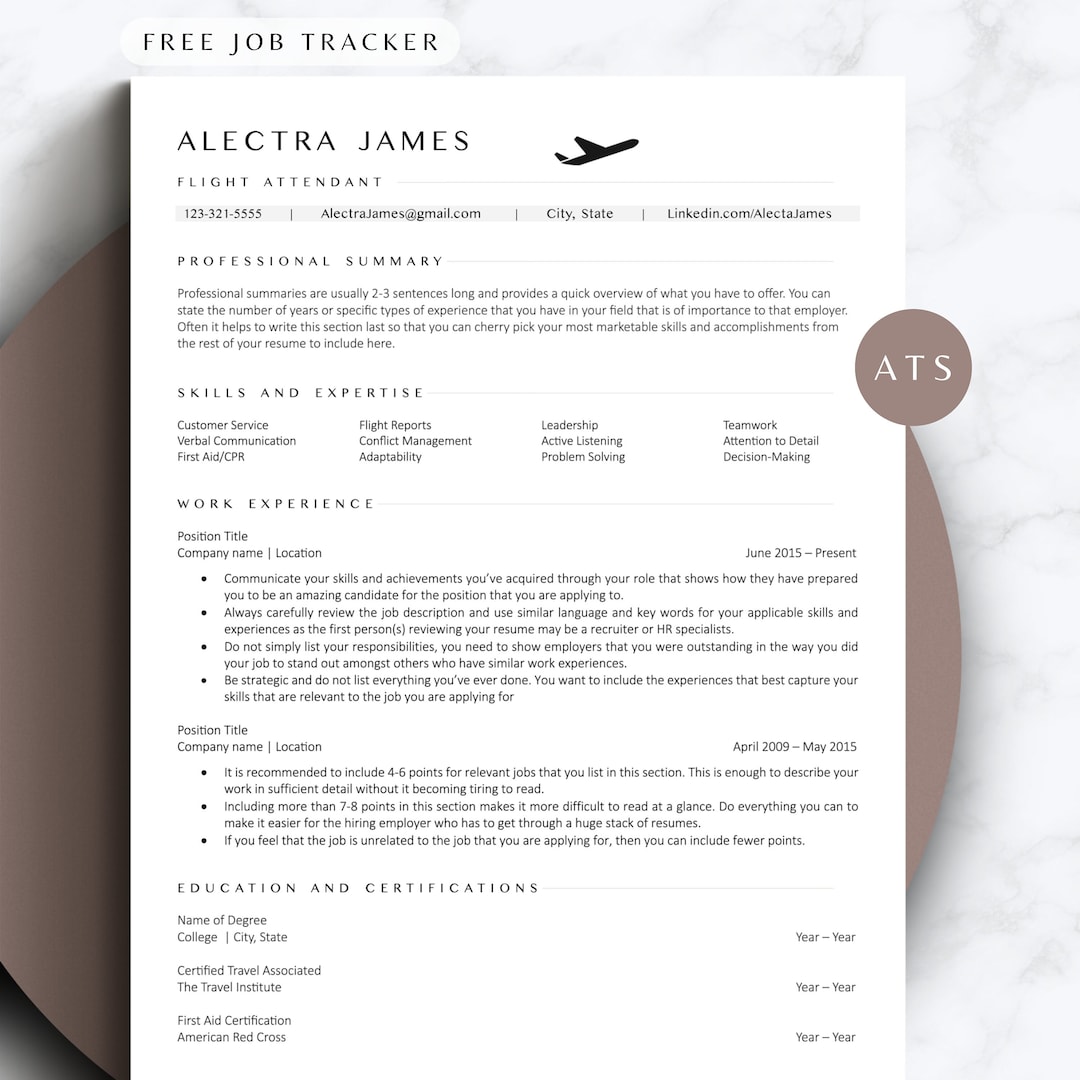 Flight Attendant Resume Template Google Docs ATS Friendly Aviation ...
