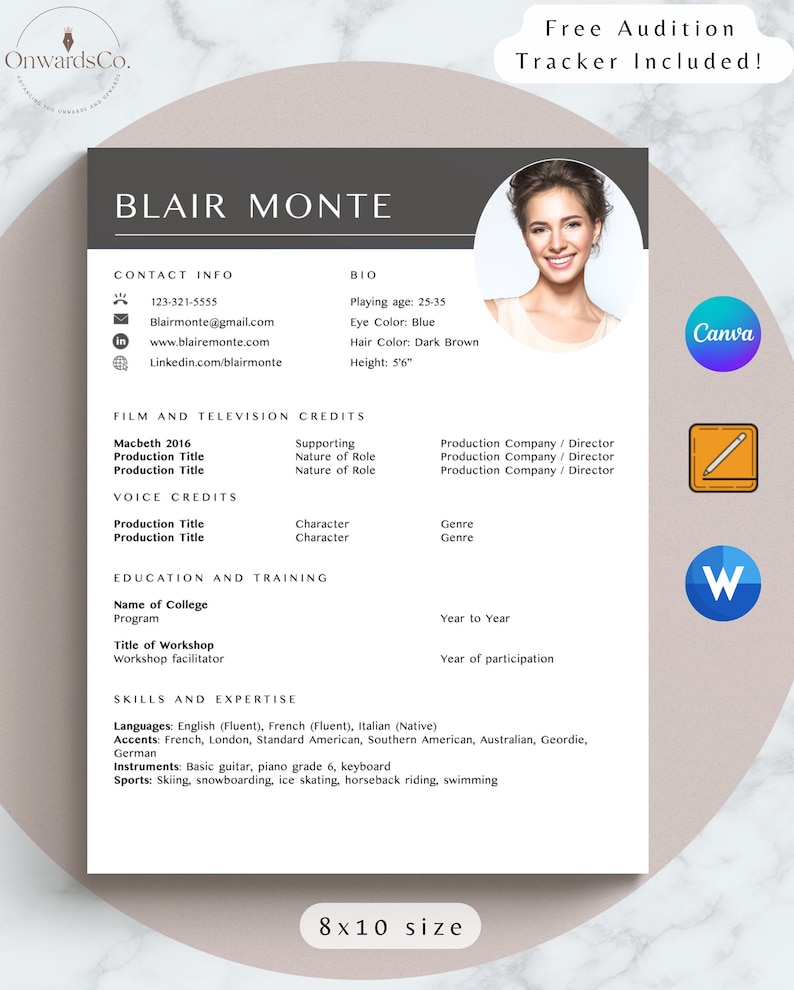 Resume for Actors 8x10 Size Matches Headshot Modern Sleek CV Template ...