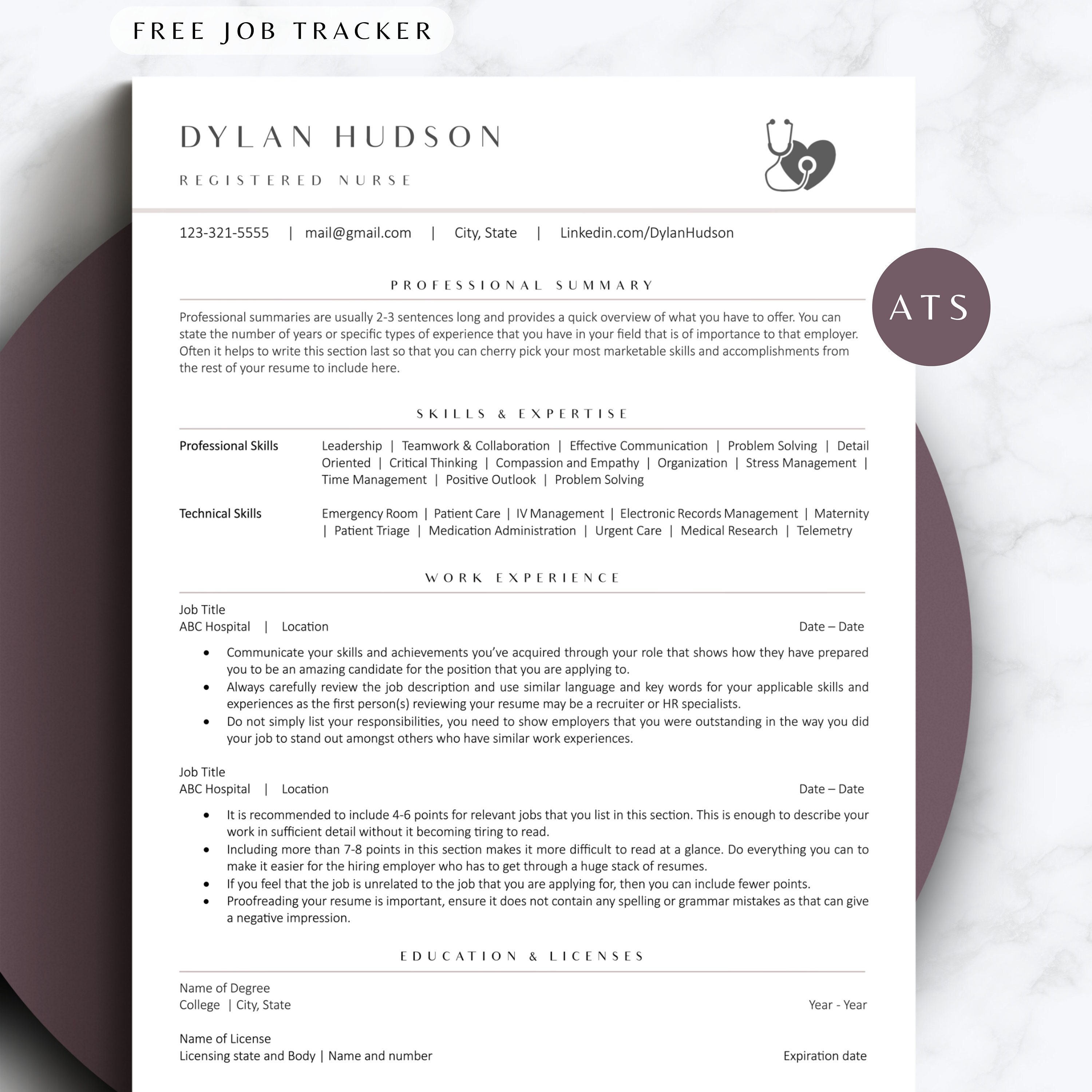 New Grad Nursing Resume Template ATS Friendly Vet Tech Resume Google ...