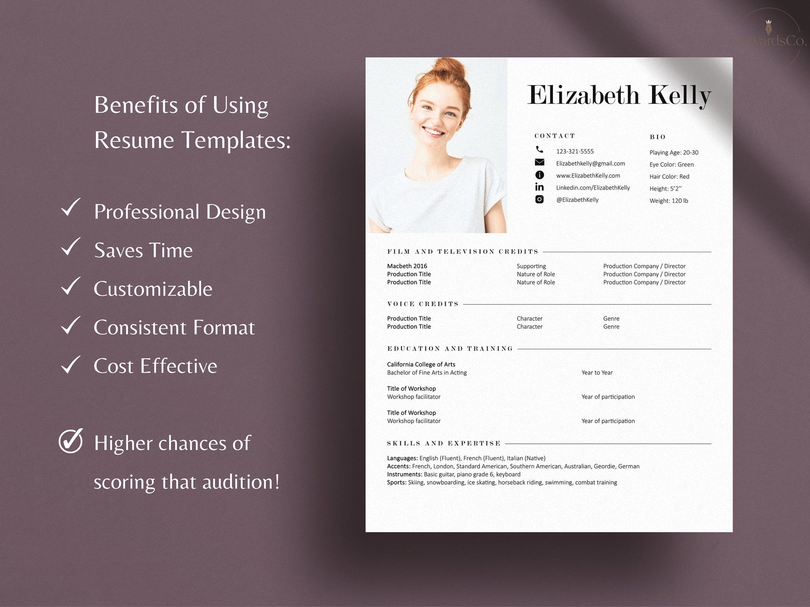 8x10 Actor Resume Template Headshot for Auditions Editable Modern ...