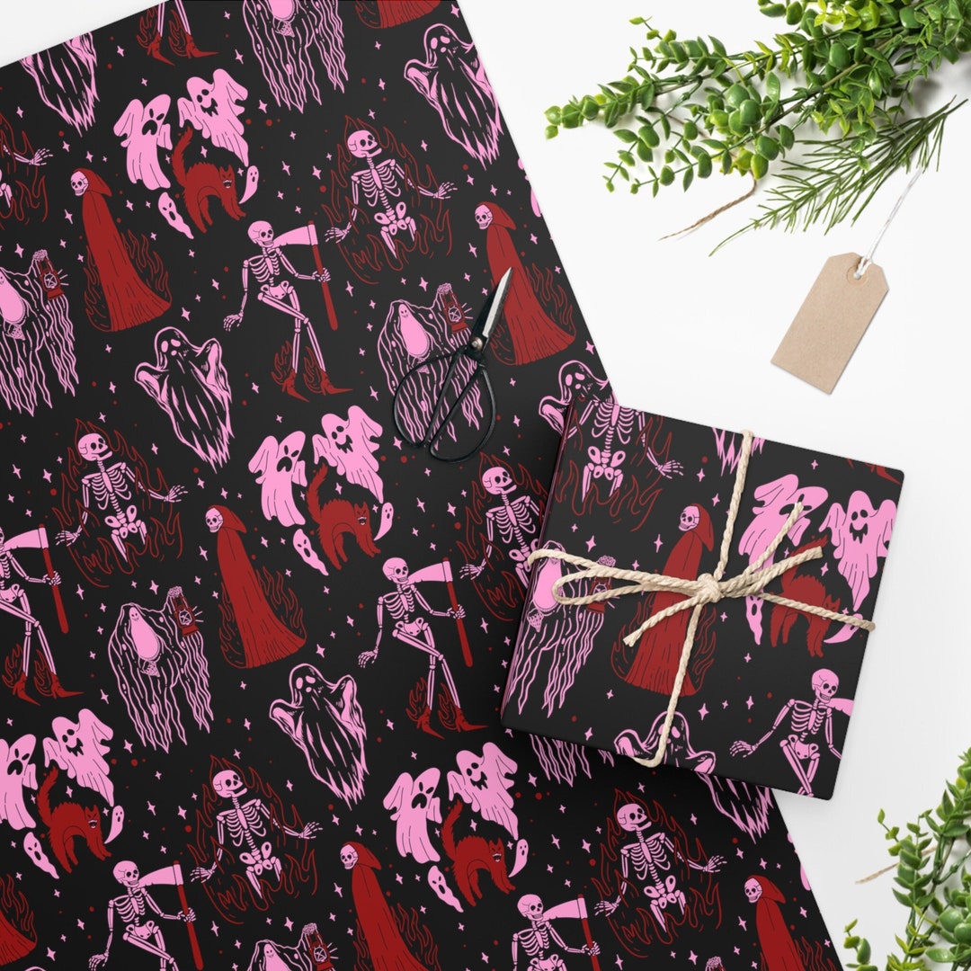 Pink Reaper Print Wrapping Paper Cute Horror Devil Demon Skull Ghost ...