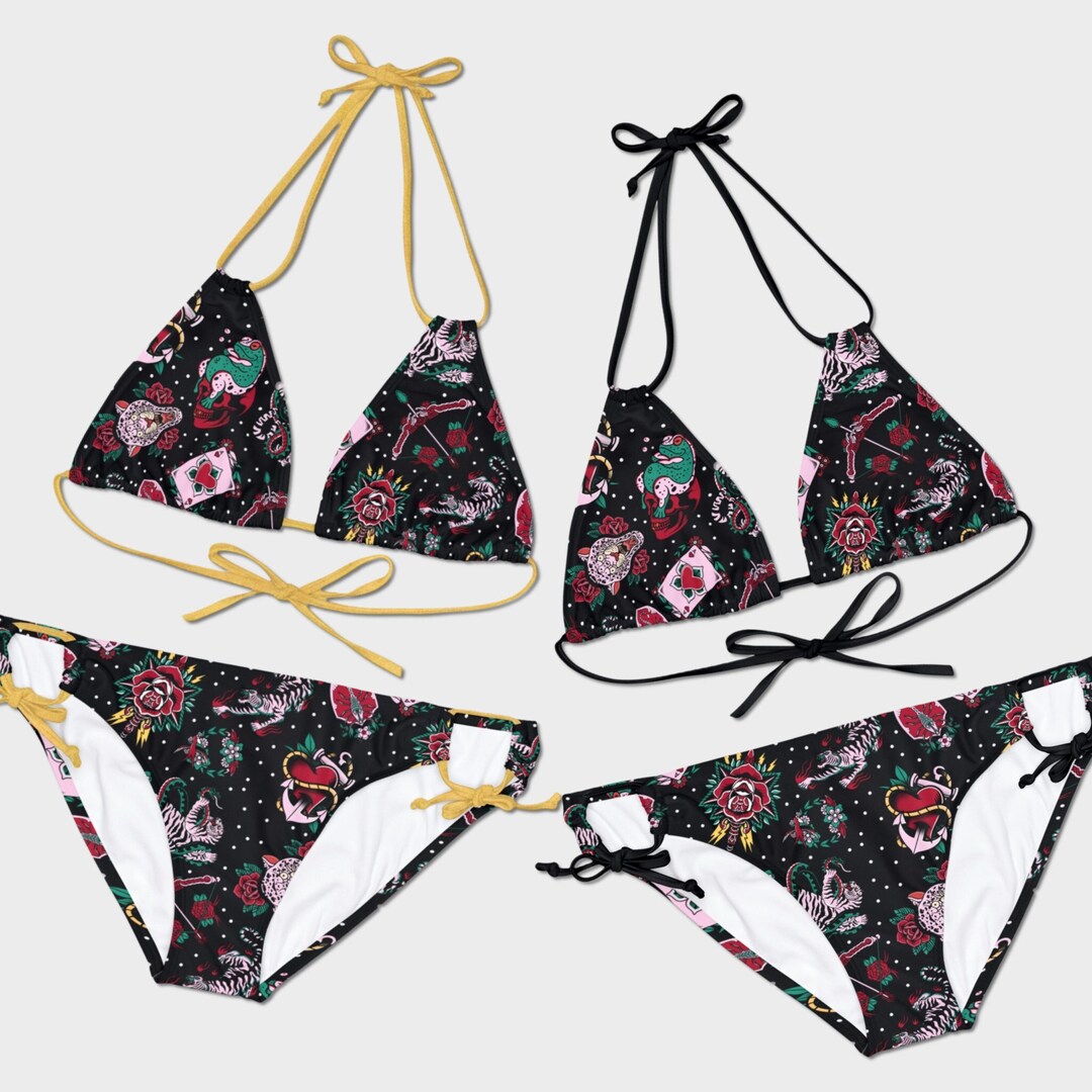 Black Tattoo Print Strappy Triangle Bikini Set Goth Punk Alt Girl Devil ...