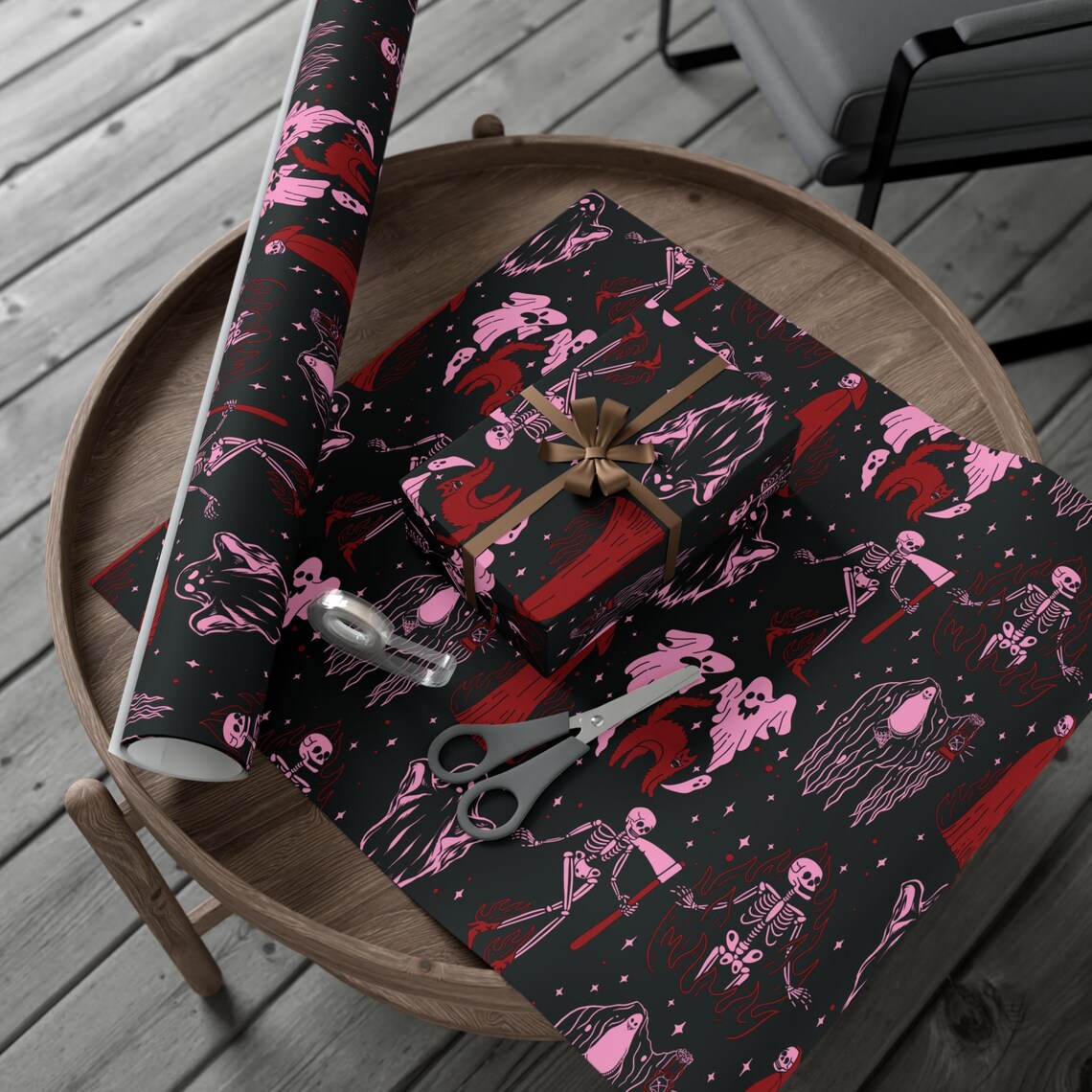 Pink Reaper Print Wrapping Paper | Cute Horror Devil Demon Skull Ghost ...
