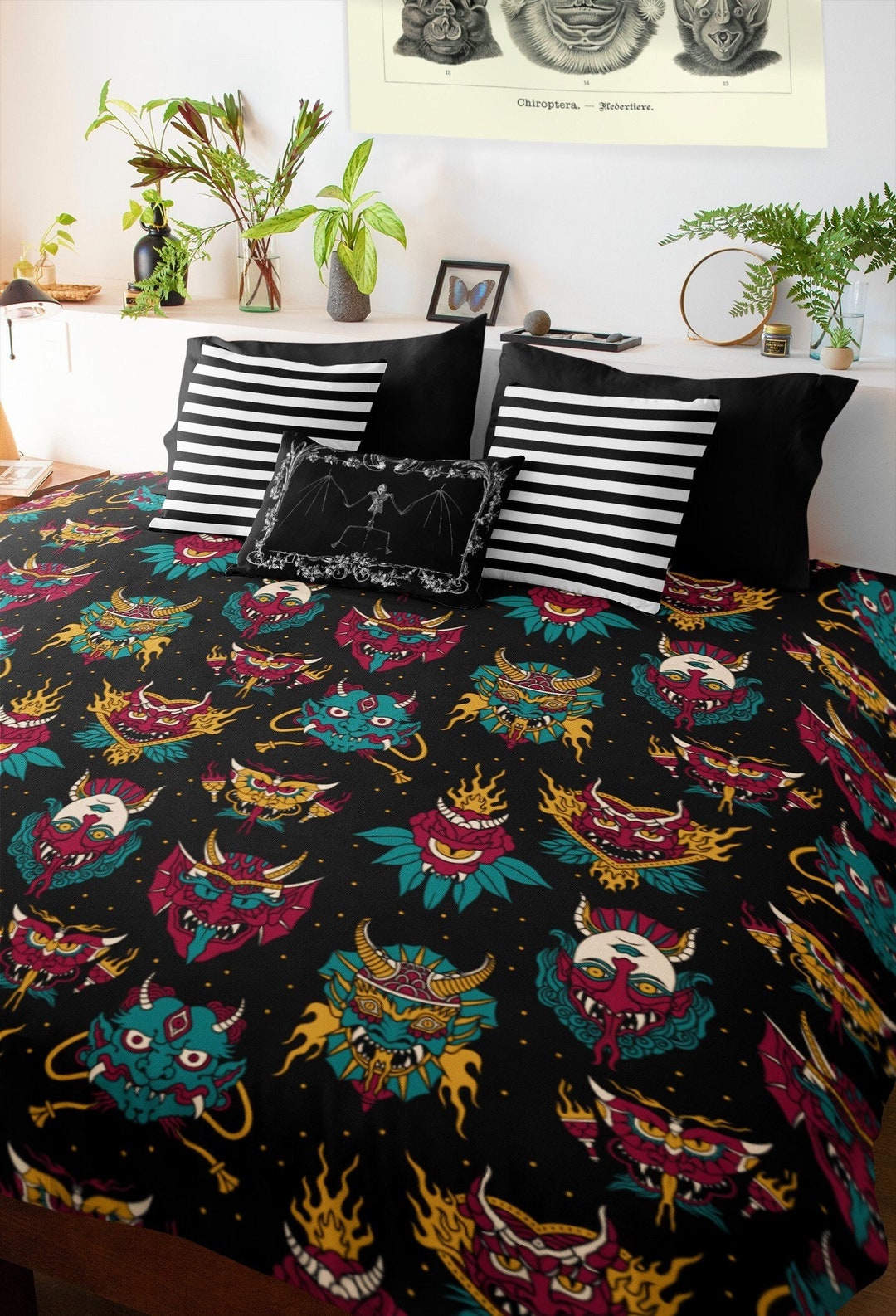 Demon Mask Print Duvet Cover Japanese Hannya Oni Old School Tattoo ...