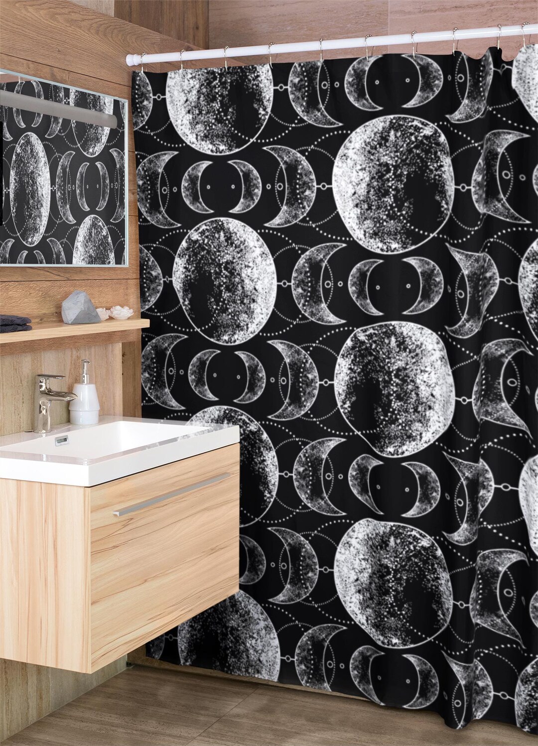Lunar Phases Shower Curtain | Dark Moon Celestial Mystical Bohemian ...