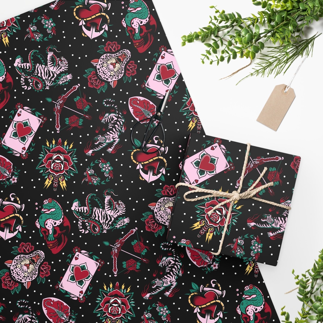 Pink Tattoo Print Wrapping Paper Vintage American Traditional Sailor ...