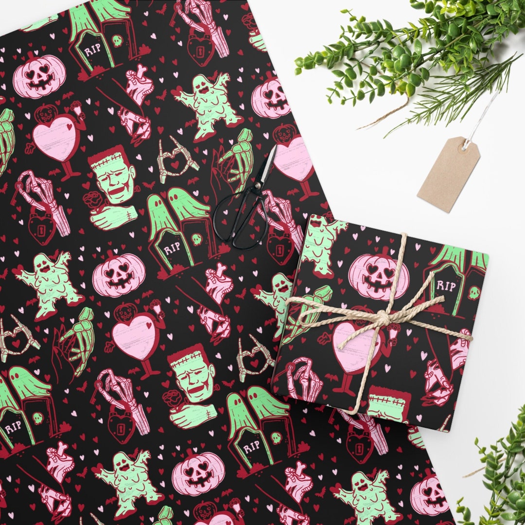 Halloween Love Wrapping Paper Cute Horror Frankenstein Kawaii Goth Punk ...