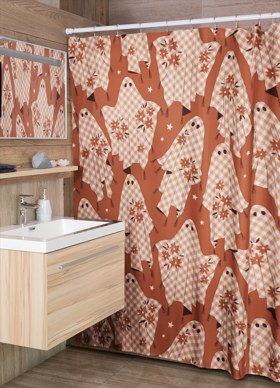 Burnt Orange Plaid Ghosts Shower Curtains | Bohemian Whimsigoth 70s ...
