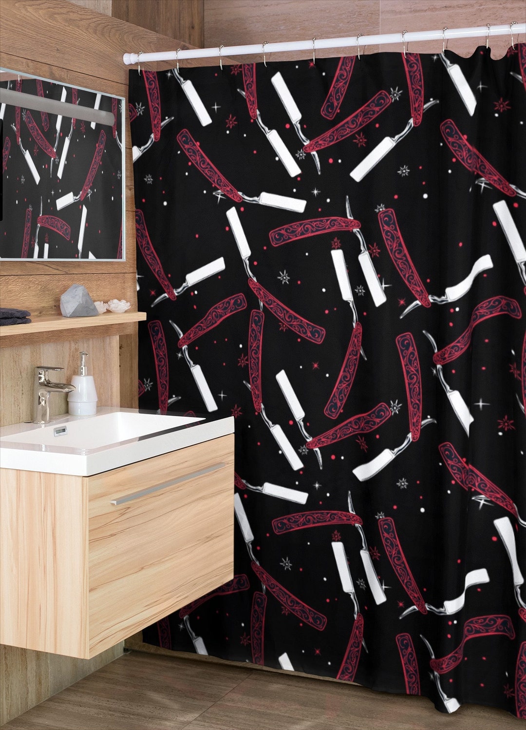 Straight Edge Razor Print Shower Curtains Rockabilly Barber Retro ...