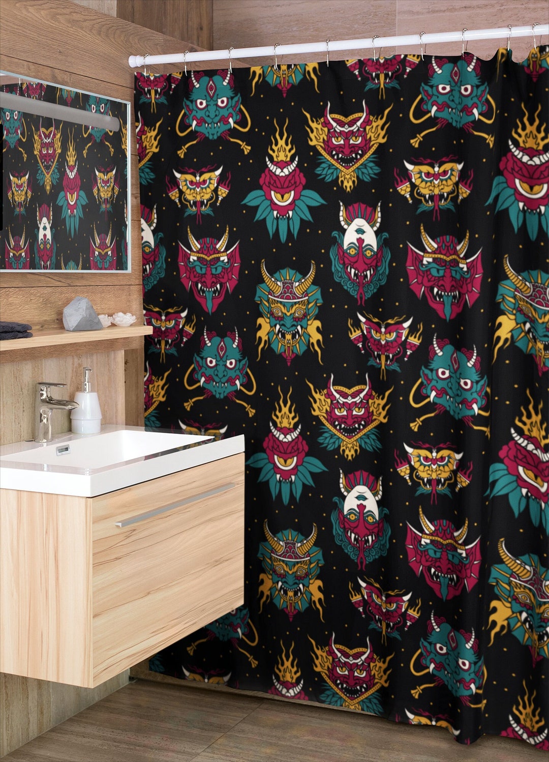 Demon Mask Tattoo Print Shower Curtain | Eccentric Unique Japanese ...