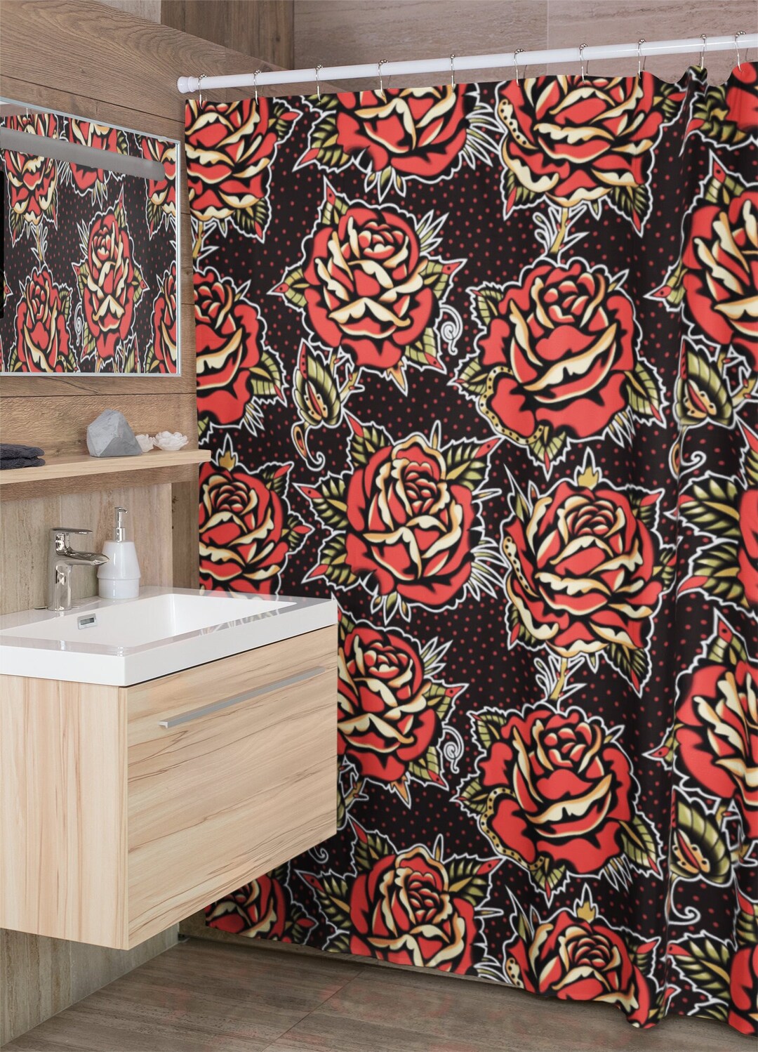 Rose Tattoo Shower Curtains | Traditional American Sailor Jerry ...