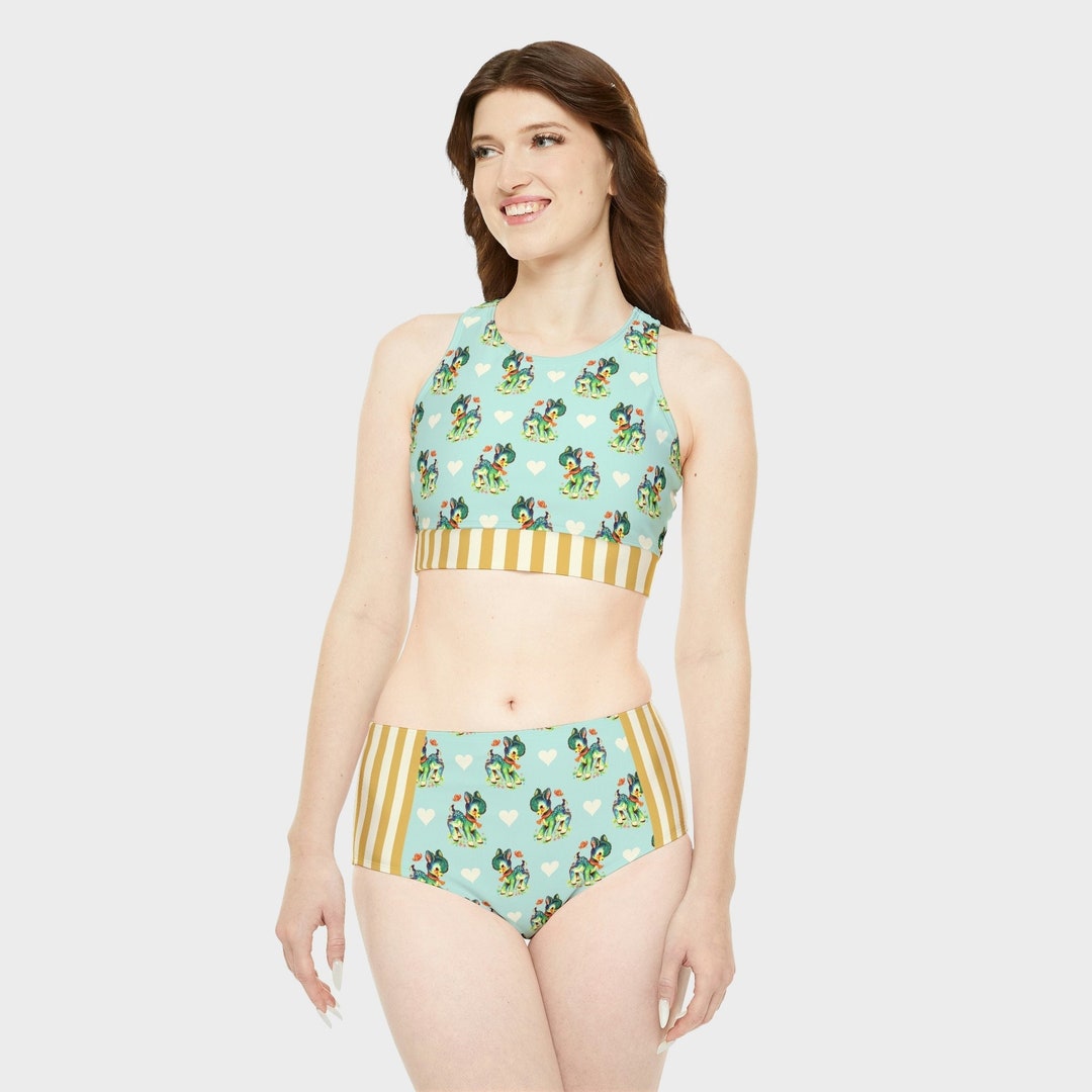 Minty Fawn Print High-waist & Neck Bikini Set Retro Vintage Kitsch Kawaii Cute Swimsuit Bathing ...