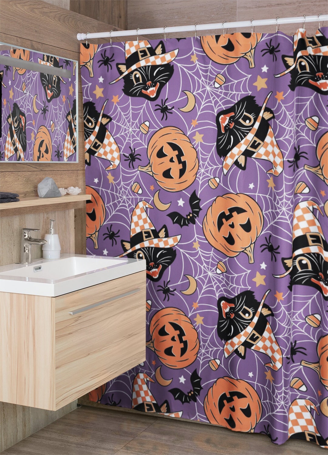 Vintage Halloween Black Cat Shower Curtains Retro Kitsch Goth Horror