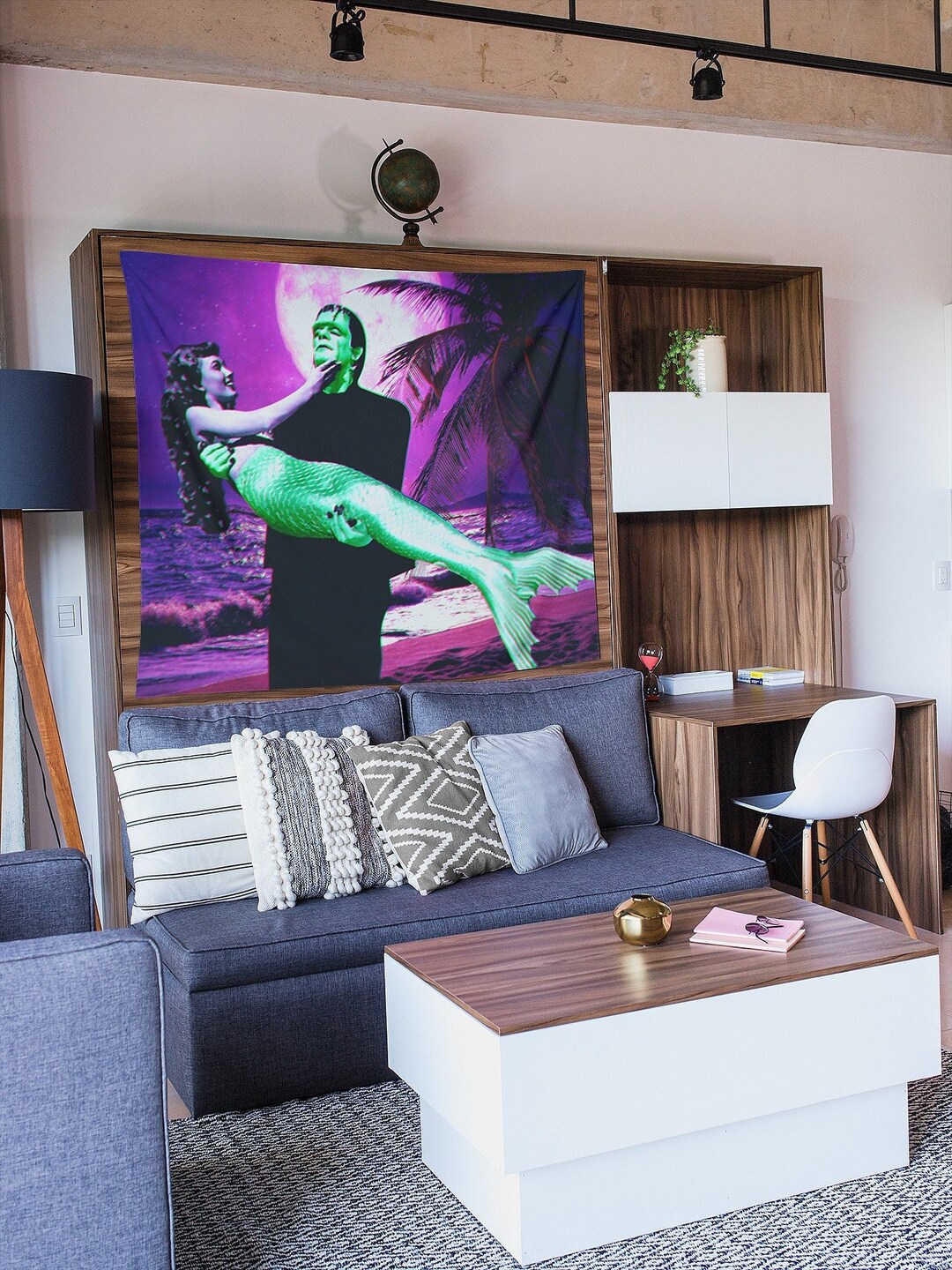 Frankenstein & Mermaid Wall Tapestry | Horror Tiki Tropical Beach Goth ...