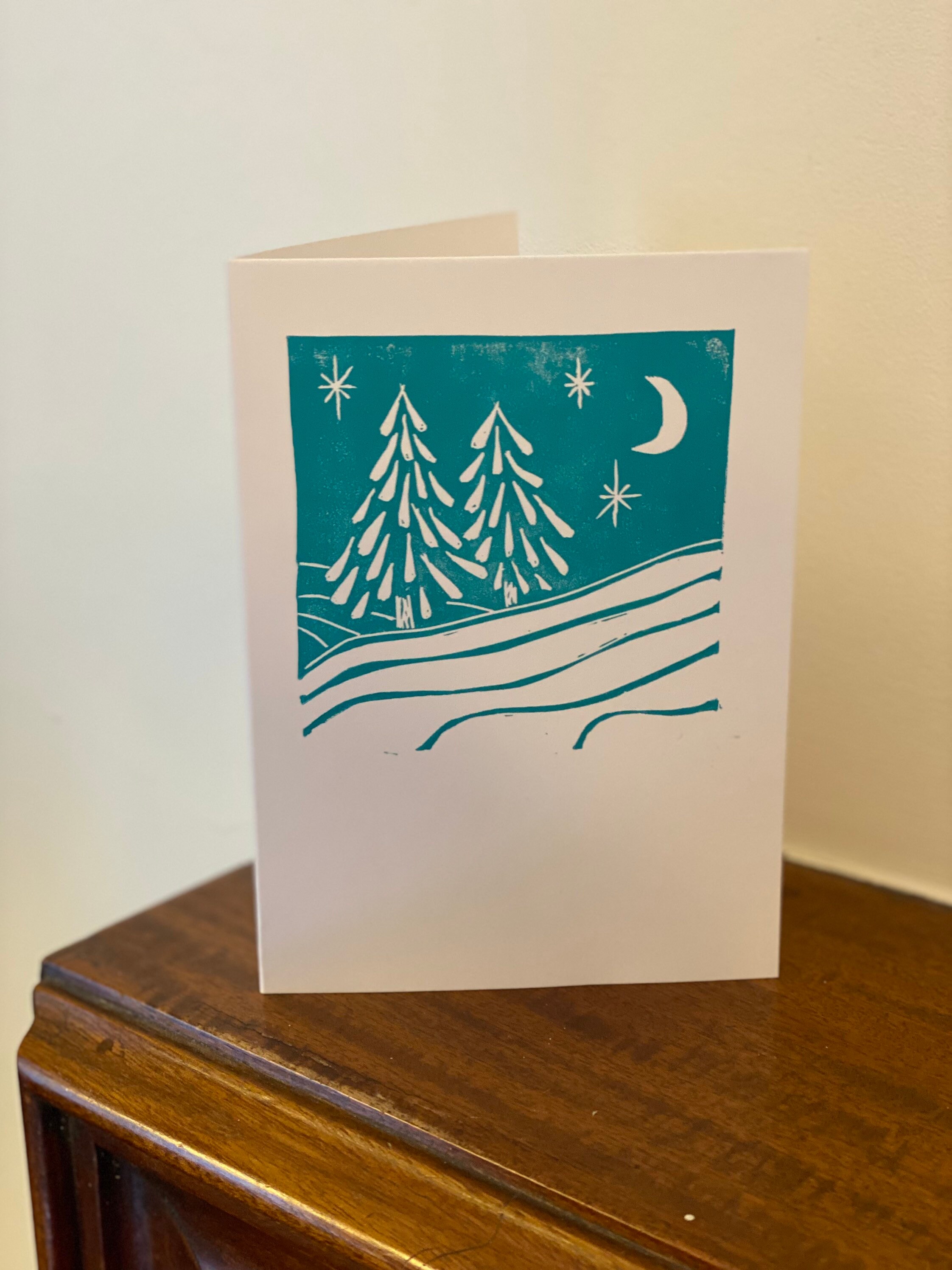 Hand Printed Lino Cut Christmas Card. Trees and Stars in the - Etsy UK