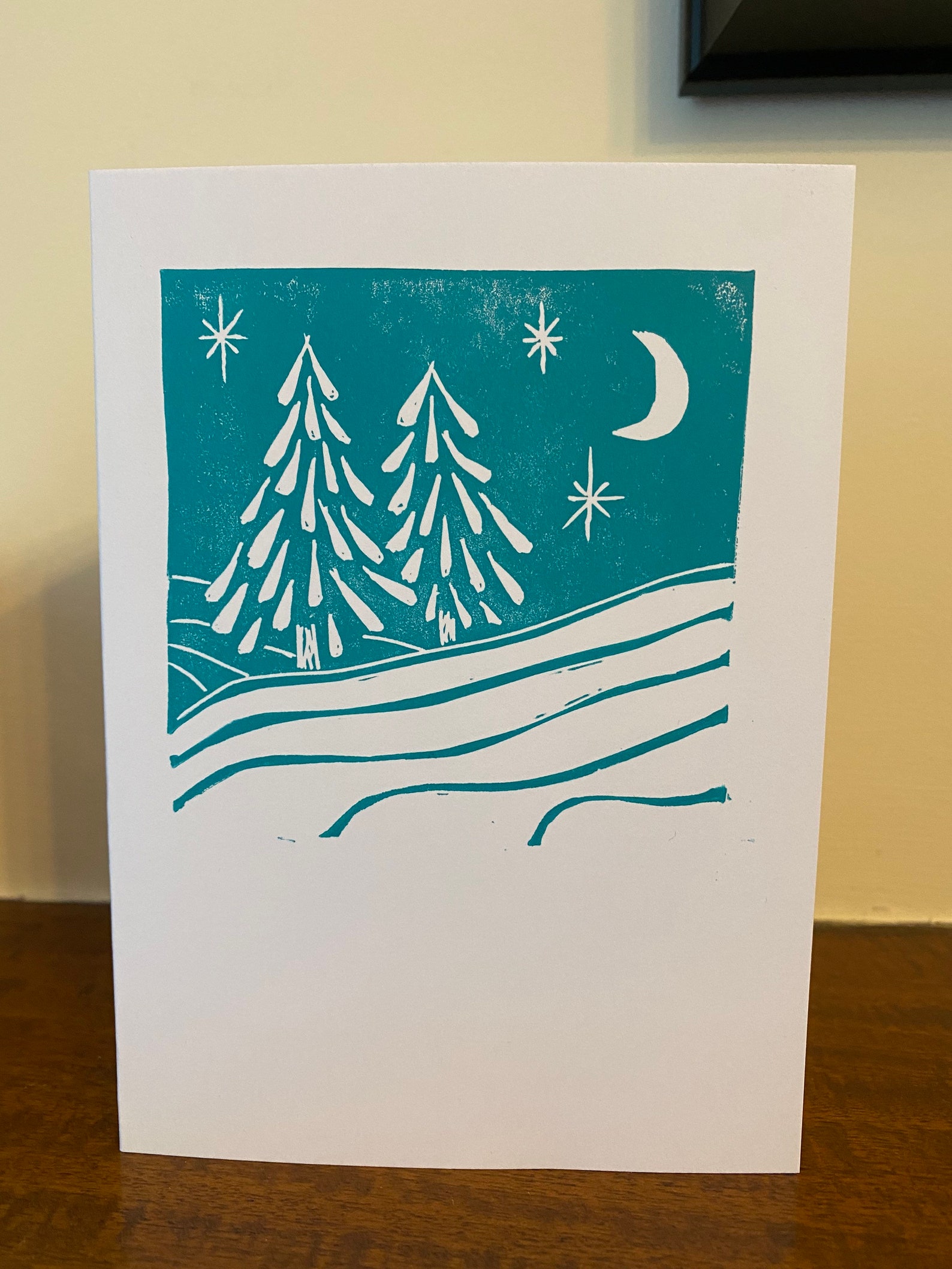 Hand Printed Lino Cut Christmas Card. Trees and Stars in the - Etsy UK