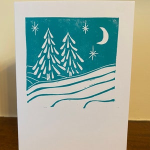 Hand Printed Lino Cut Christmas Card. Trees and Stars in the - Etsy UK