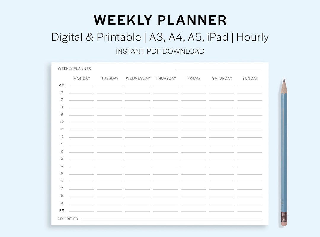 Weekly Schedule, Organiser, Planner, Hourly Overview, Landscape ...
