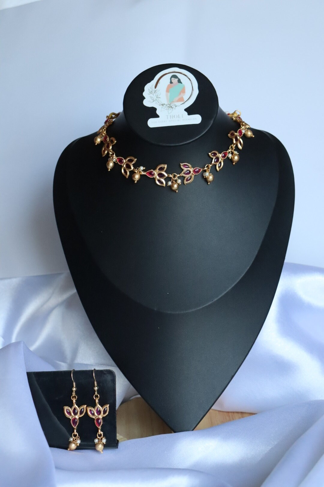 Lotus Design Necklace Set Kemp Stone Chain Set Saree Jewellery South ...