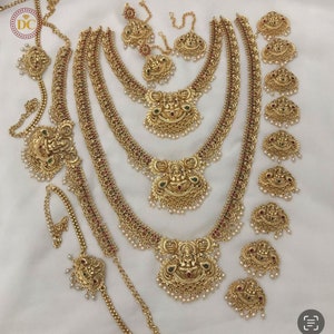 South Indian Gold Full Bridal Set With White Pearl Drops | Matte Finish ...