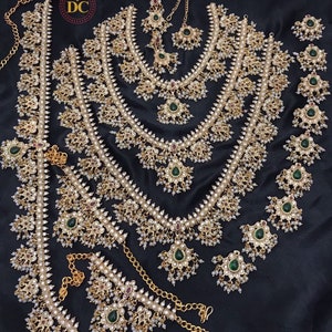 South Indian Gold Full Bridal Set With White Pearl Drops | Matte Finish ...