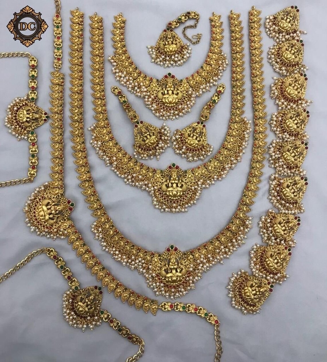 South Indian Gold Full Bridal Set With White Pearl Drops Matte Finish ...