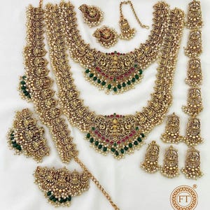 South Indian Gold Full Bridal Set With White Pearl Drops | Matte Finish ...