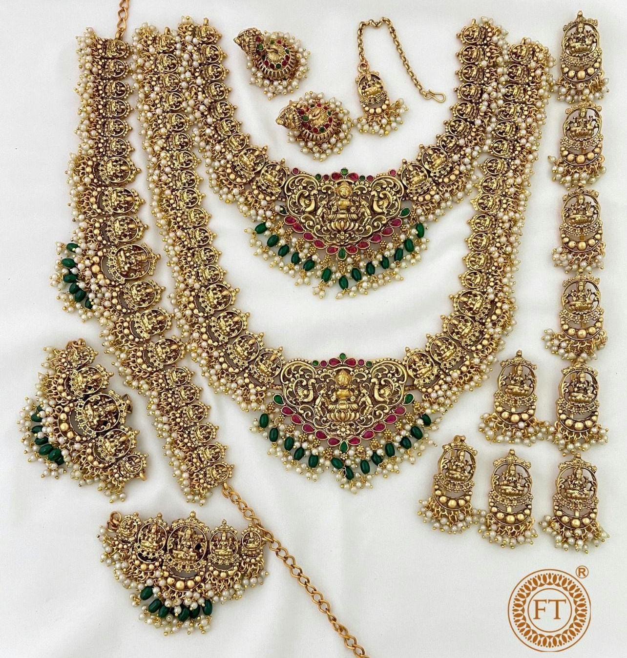 South Indian Gold Full Bridal Set With White Pearl Drops | Matte Finish ...