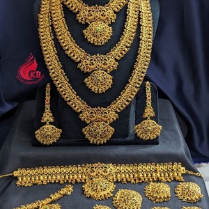 South Indian Gold Full Bridal Set With White Pearl Drops | Matte Finish ...