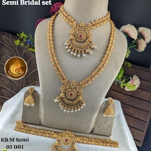 South Indian Gold Full Bridal Set With White Pearl Drops | Matte Finish ...