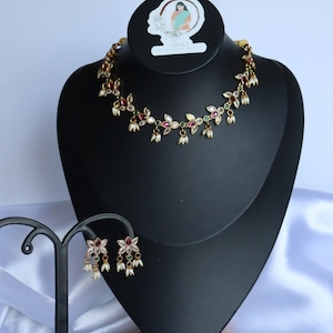 Beautiful Lotus design necklace set with pearls drops temple jewellery set kemp stone necklace set South Indian jewellery Kerala jewellery