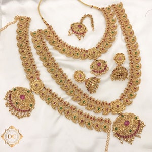 South Indian Gold Full Bridal Set With White Pearl Drops Matte Finish ...