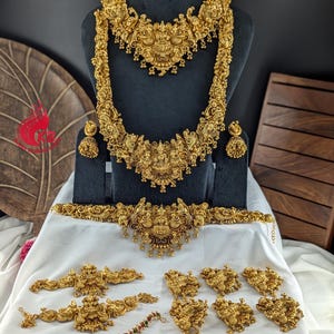 South Indian Gold Full Bridal Set With White Pearl Drops | Matte Finish ...